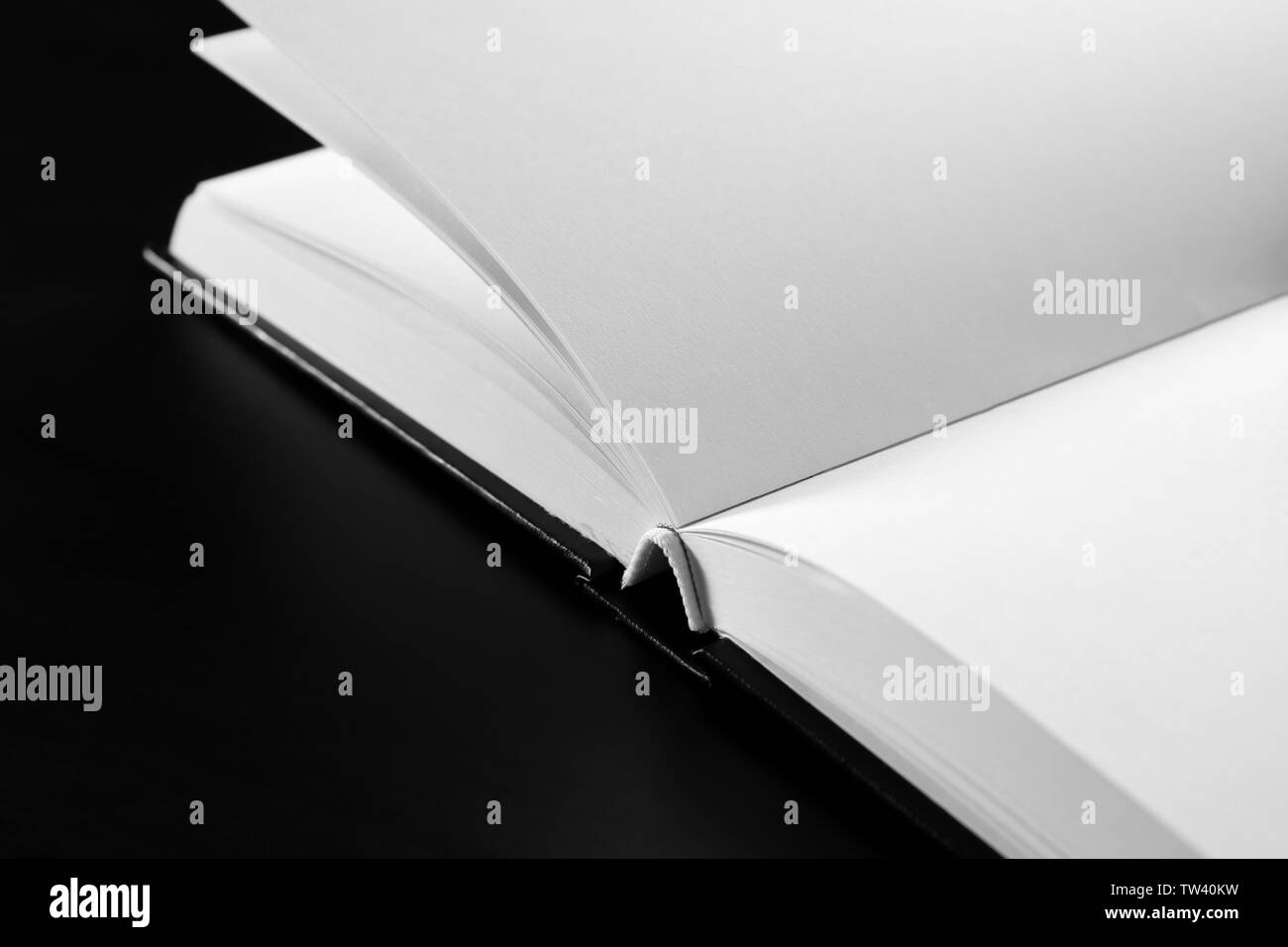 Open book with blank pages on black background Stock Photo - Alamy