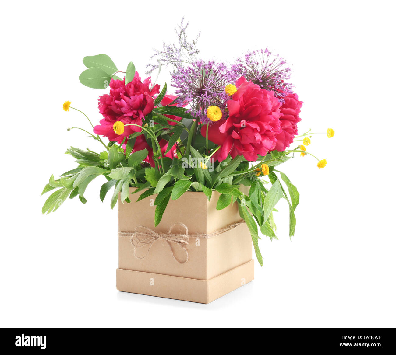 Gift box with floral composition of different fragrant flowers on white ...