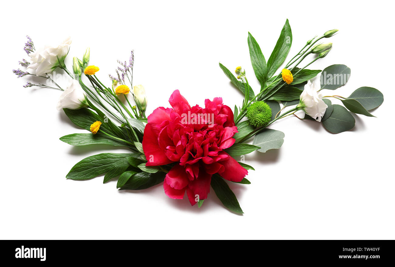 Composition of different flowers on white background. Creativity ...