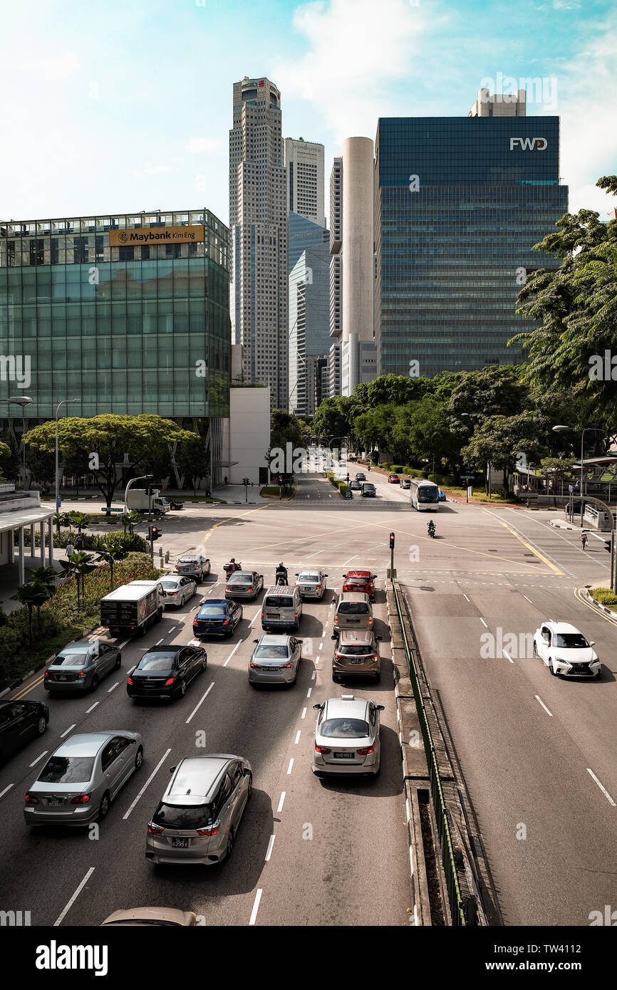 A raised cityscape view looking from Merchant road Singapore towards a ...