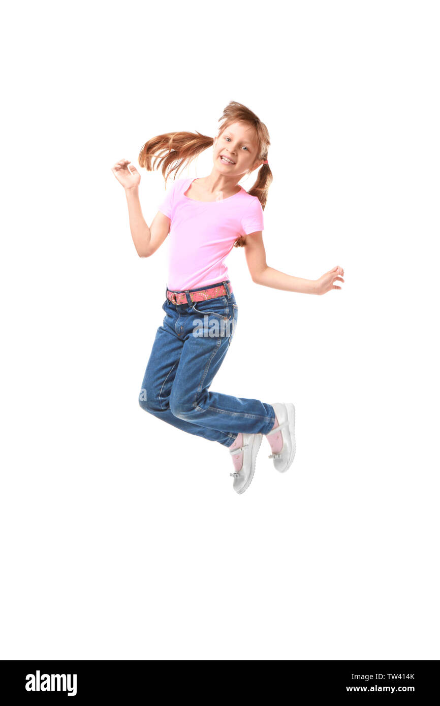 Little jumping girl on white background Stock Photo - Alamy