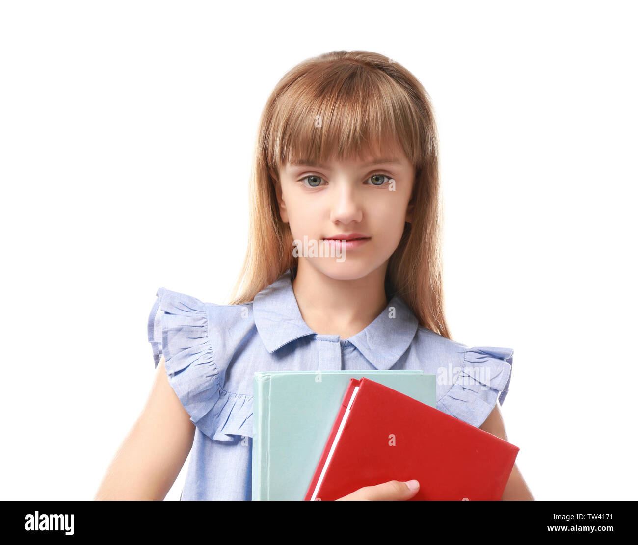 Pretty little girl with books on white background Stock Photo - Alamy