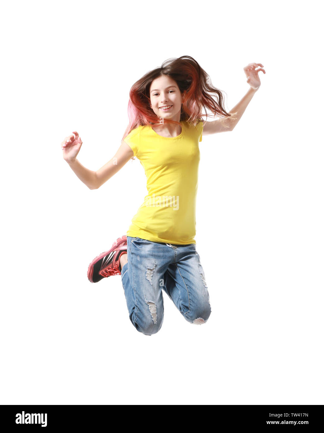 Cute jumping girl on white background Stock Photo - Alamy