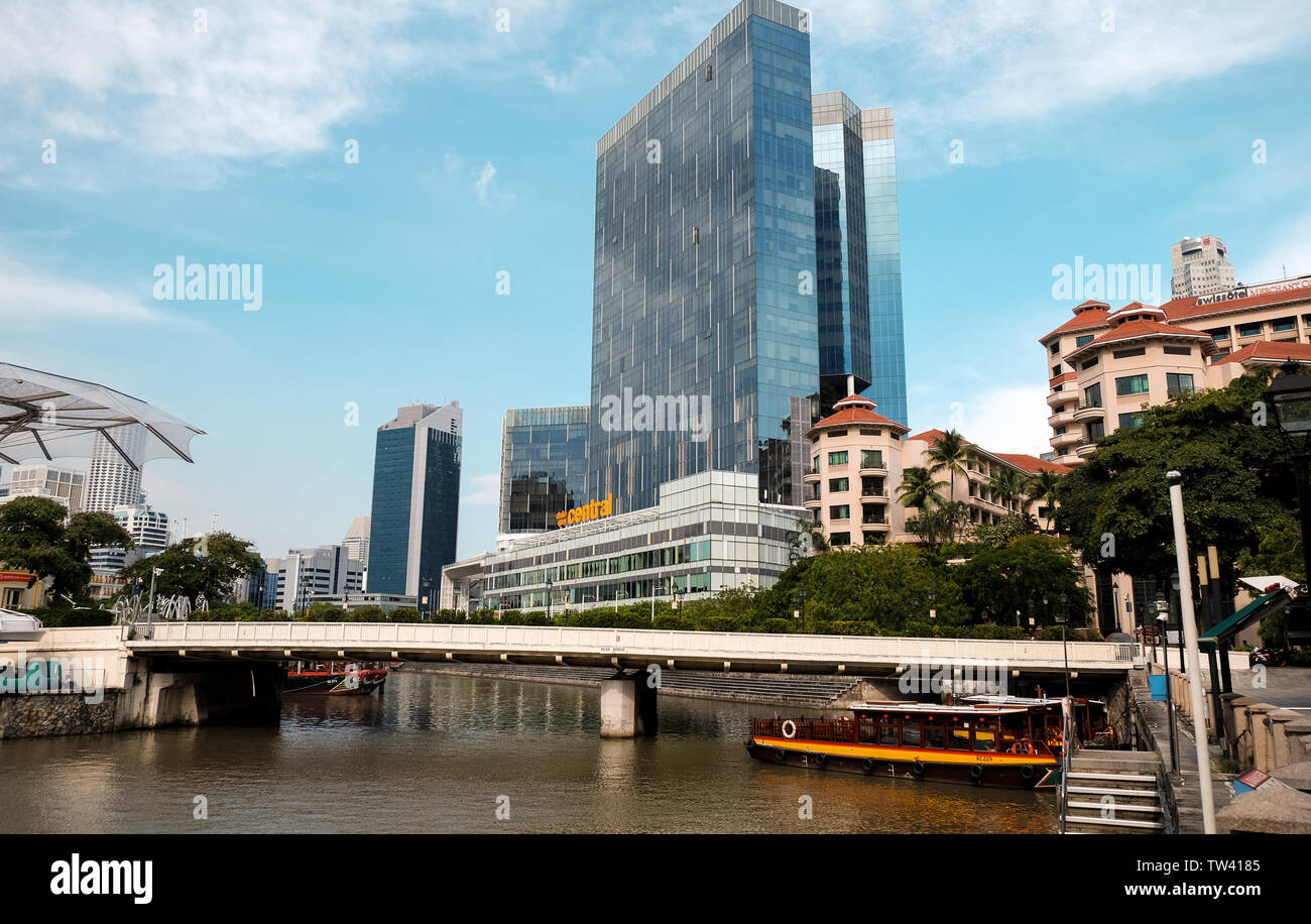 A view of Malacca Bridge in Clarke Quay looking down Singapore river ...