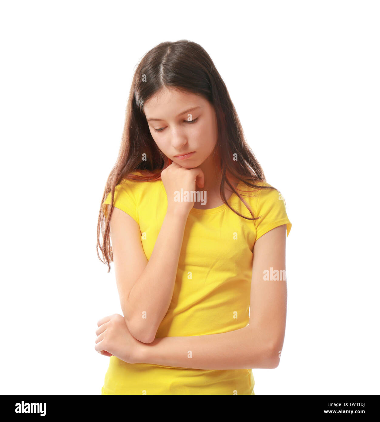 Sad pretty girl on white background Stock Photo - Alamy