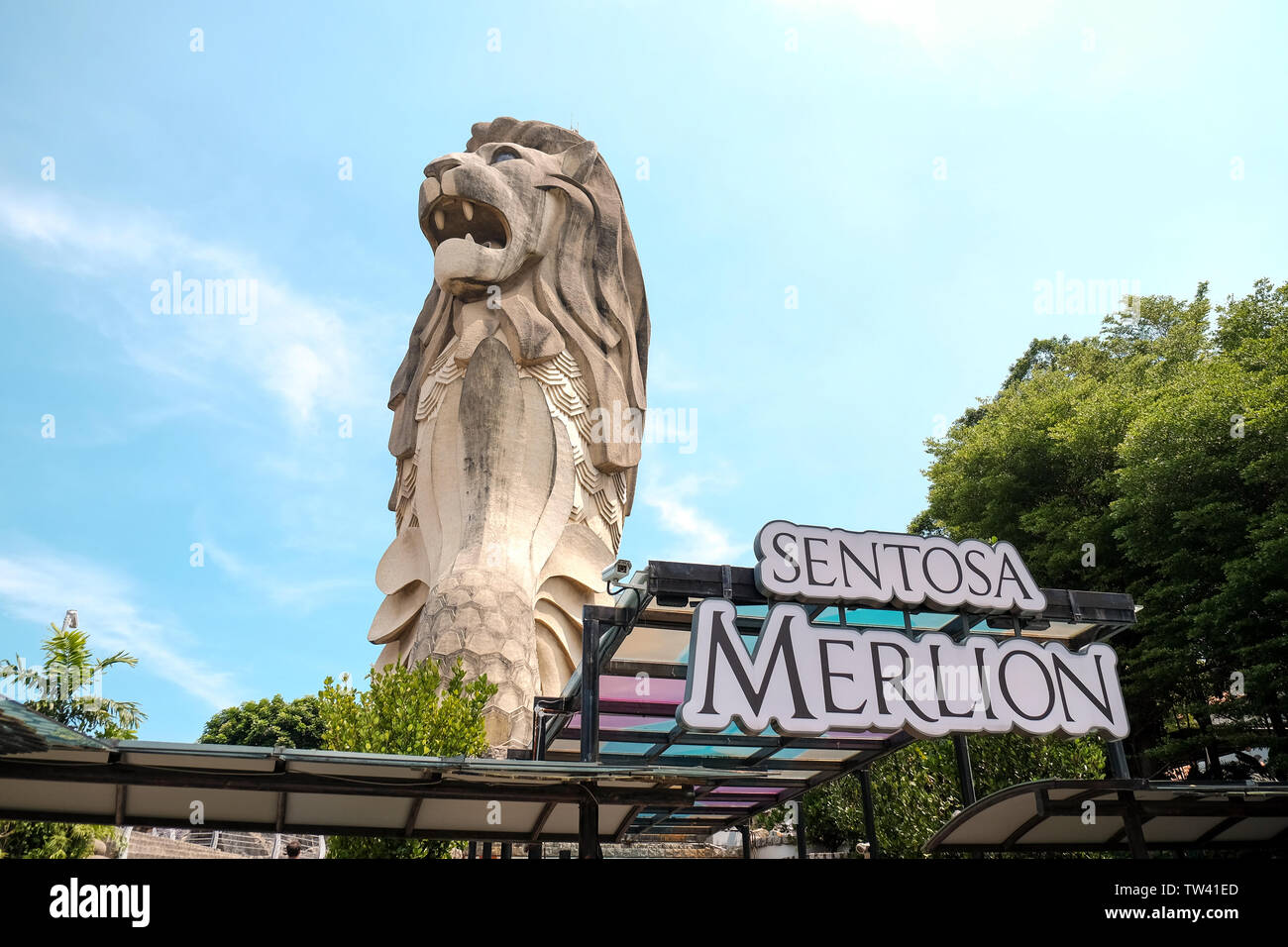The Sentosa Merlion 37 meter tall viewing tower depicting the mythical ...