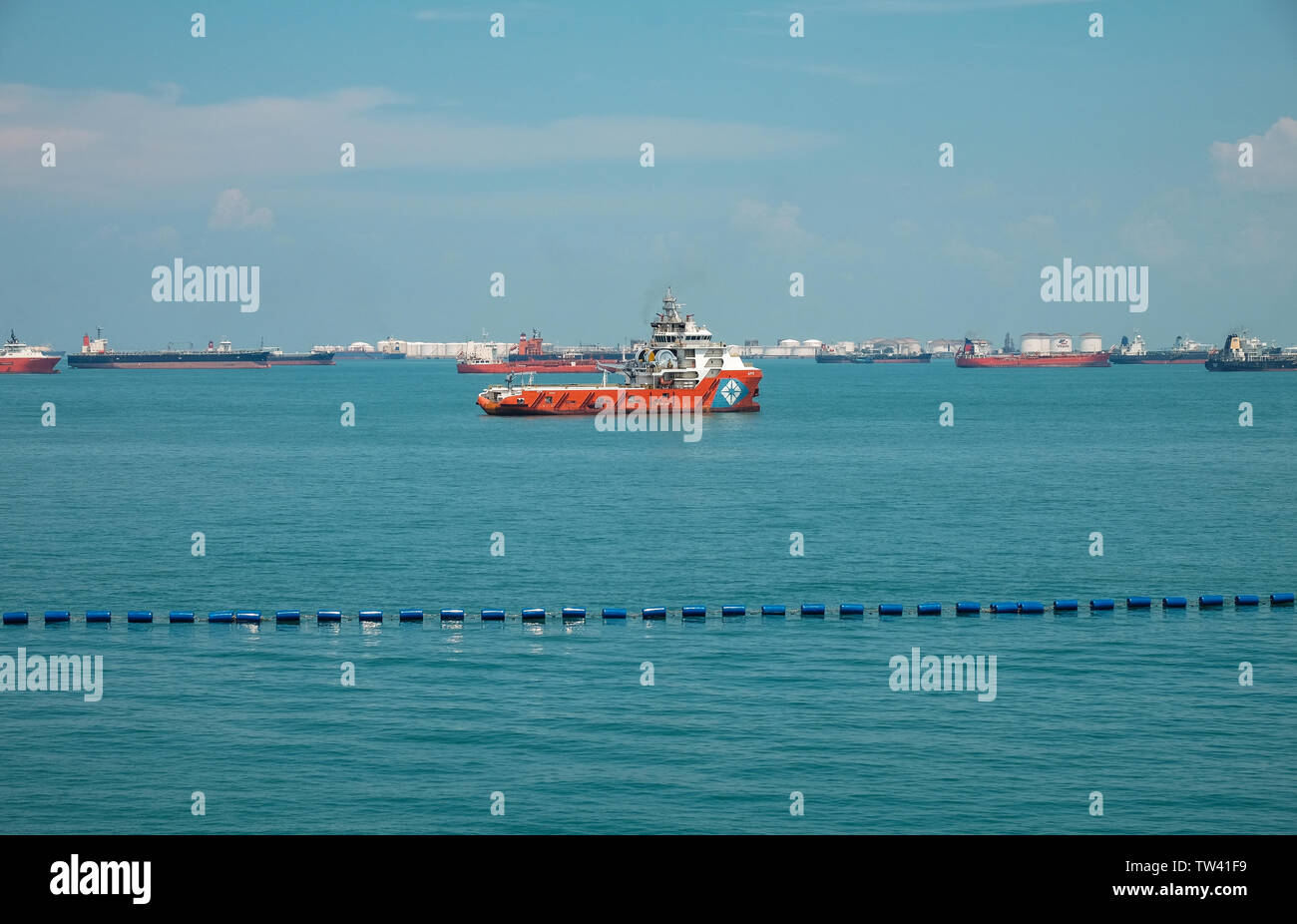 The scene of the Vast number of Tanker ships moored of off Sentosa ...