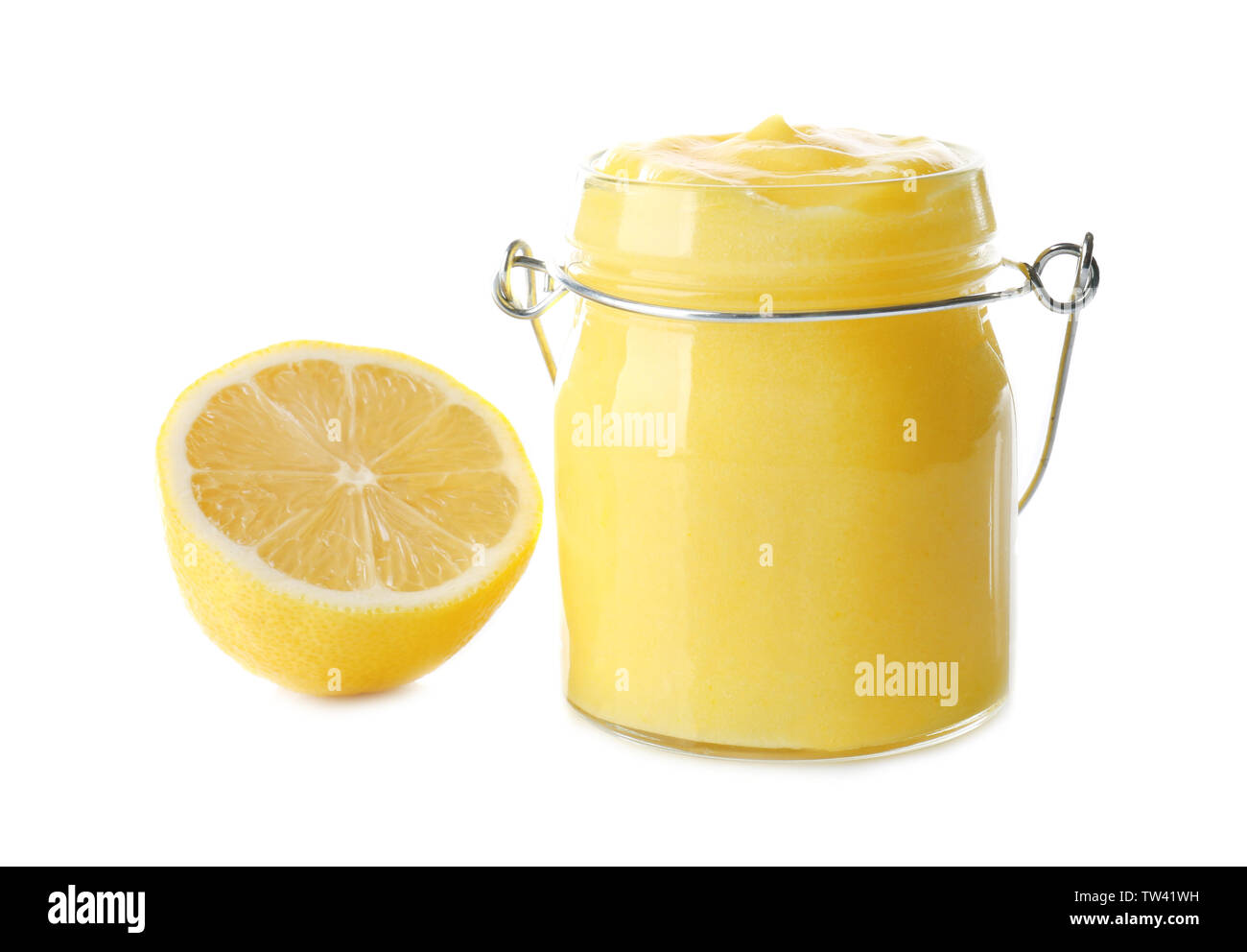Glass jar with yummy lemon curd on white background Stock Photo - Alamy