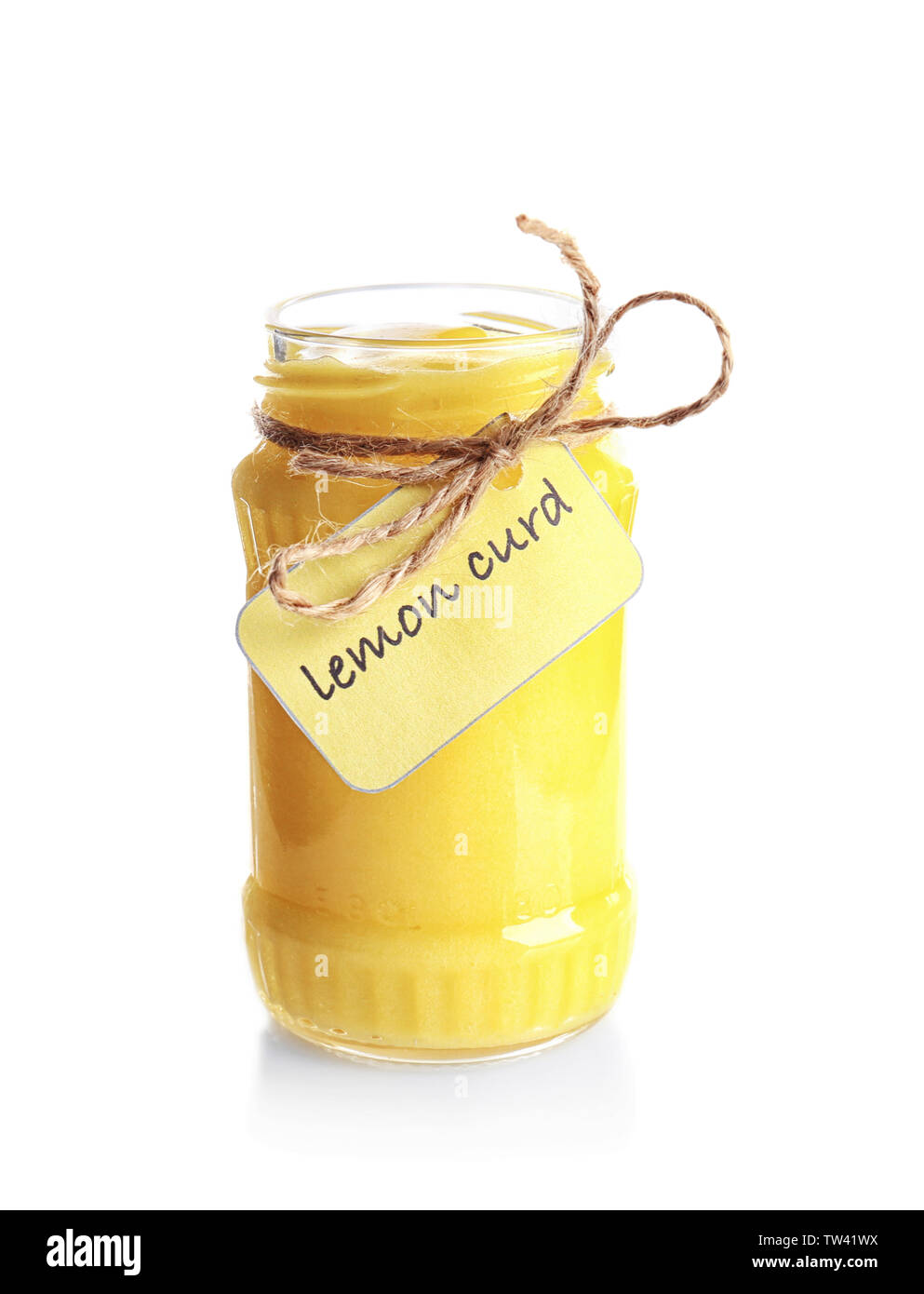Glass jar with yummy lemon curd on white background Stock Photo - Alamy