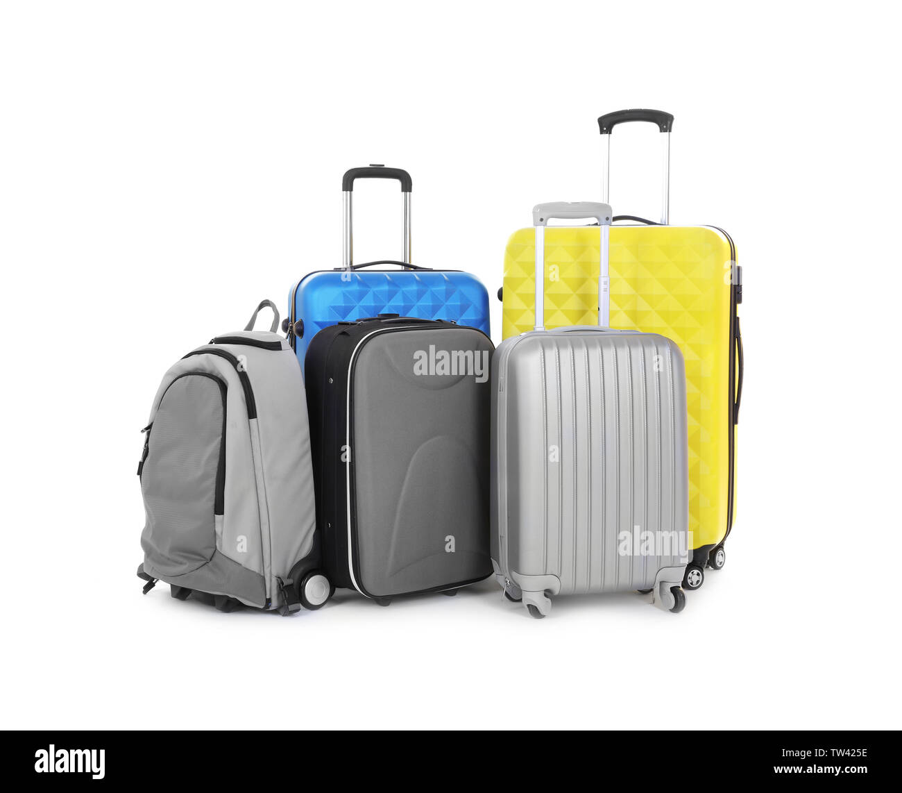 Pile of different heavy luggage on white background. Overweight concept ...