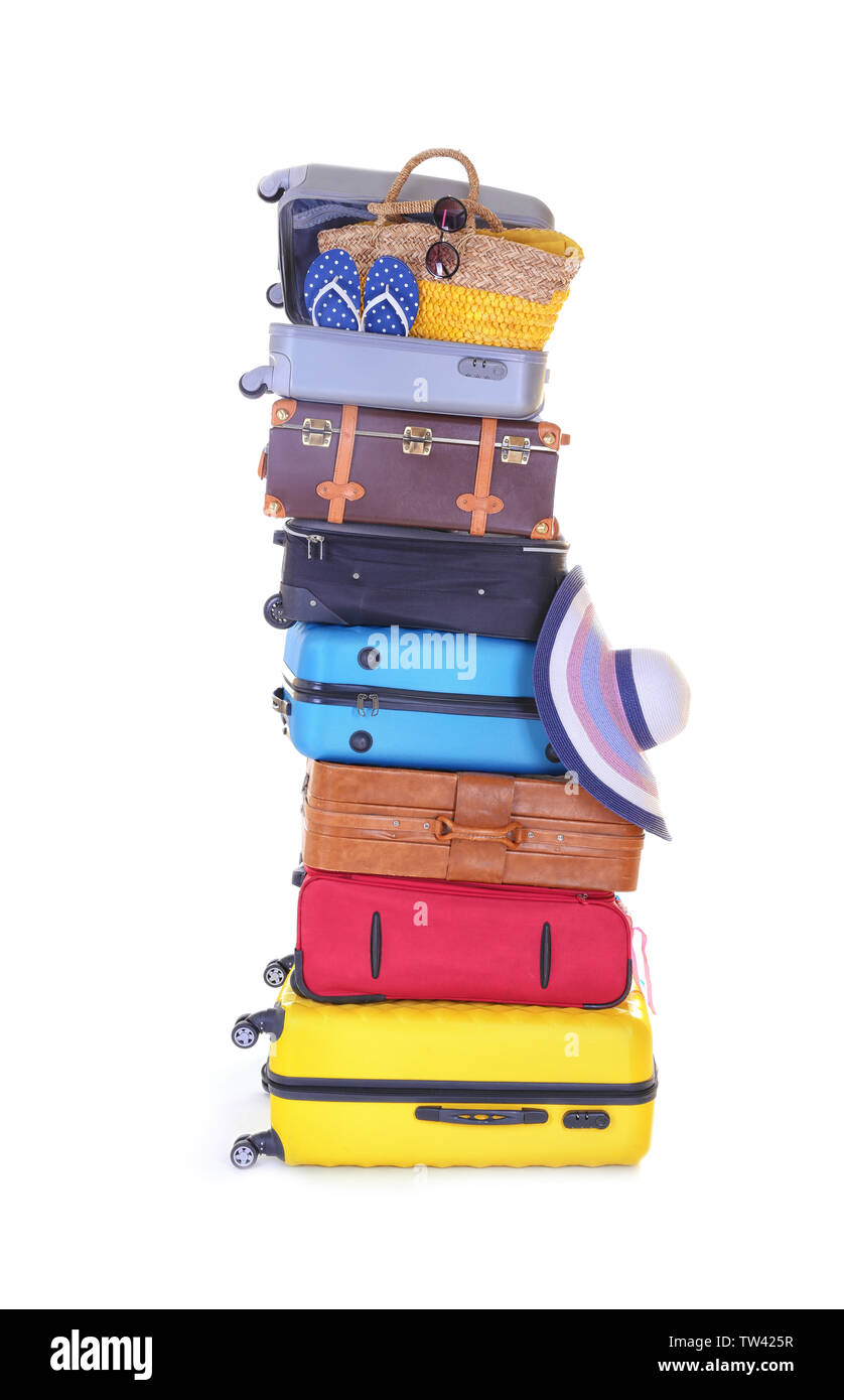 Pile of different heavy luggage on white background. Overweight concept ...