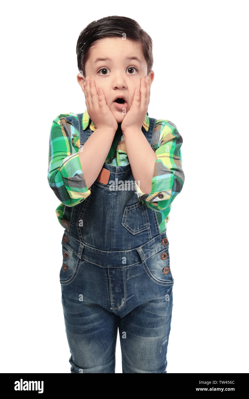 Cute little surprised boy on white background Stock Photo - Alamy