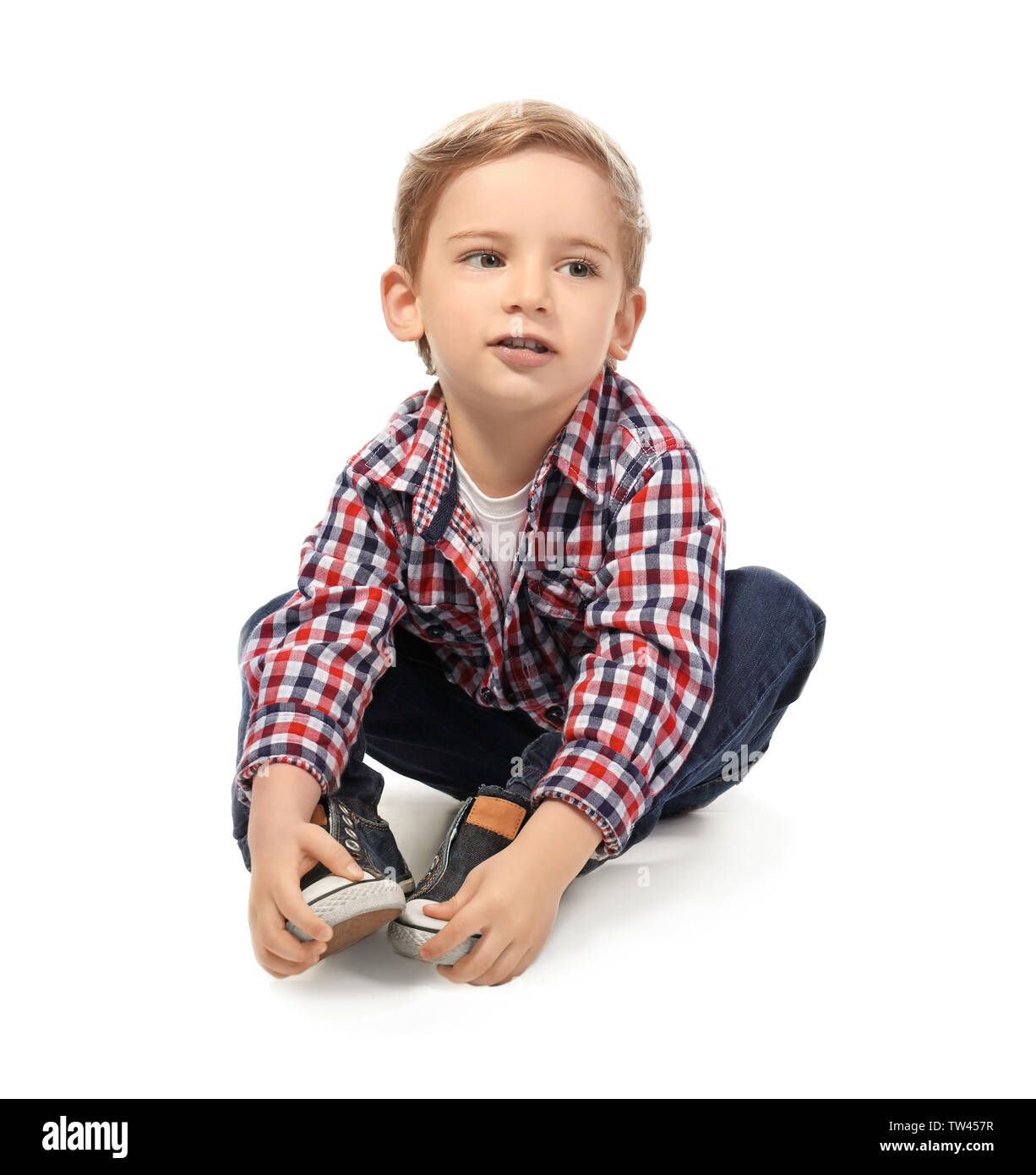 Cute little boy on white background Stock Photo - Alamy
