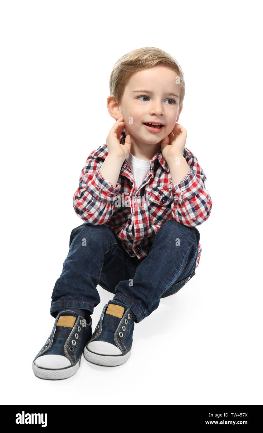 Cute little boy on white background Stock Photo - Alamy