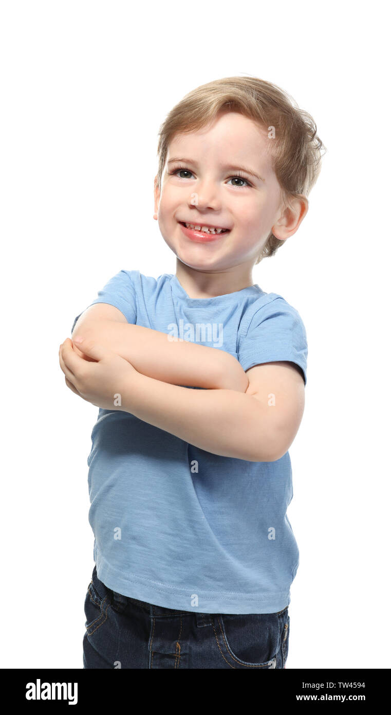 Cute little boy on white background Stock Photo - Alamy