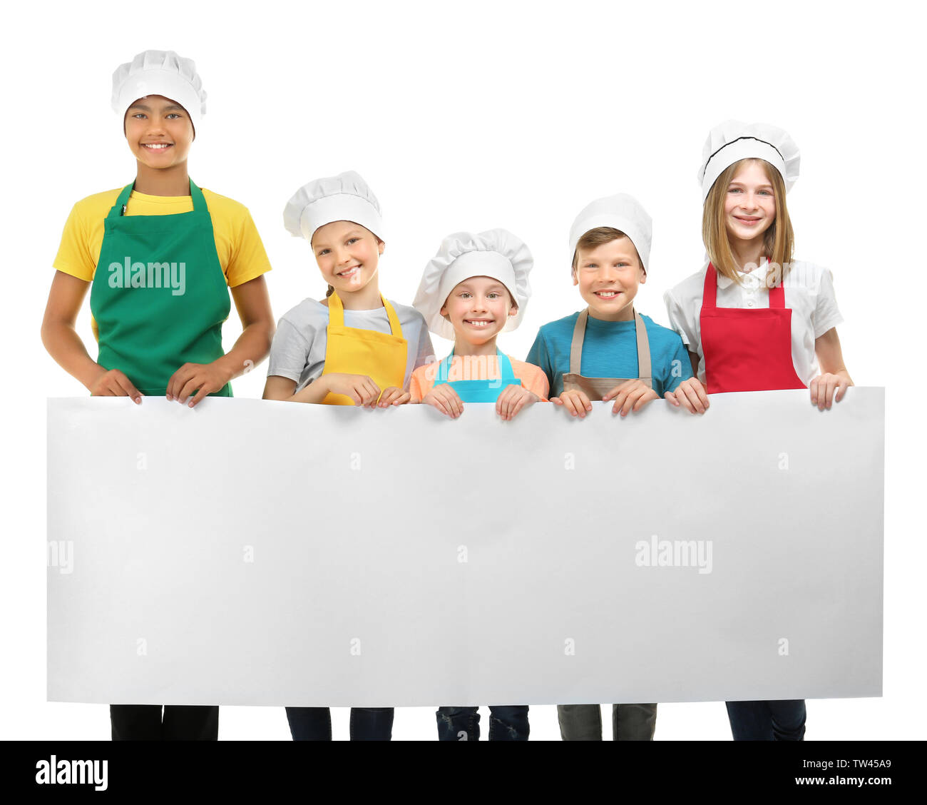 Group of children with blank poster on white background. Concept of ...