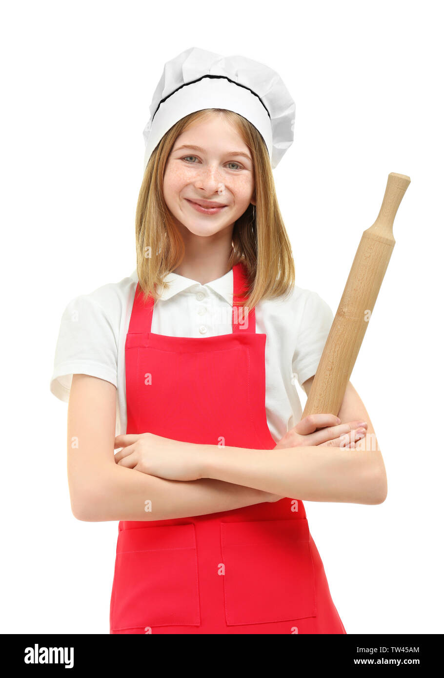 Cute girl in chef uniform on white background. Concept of cooking ...