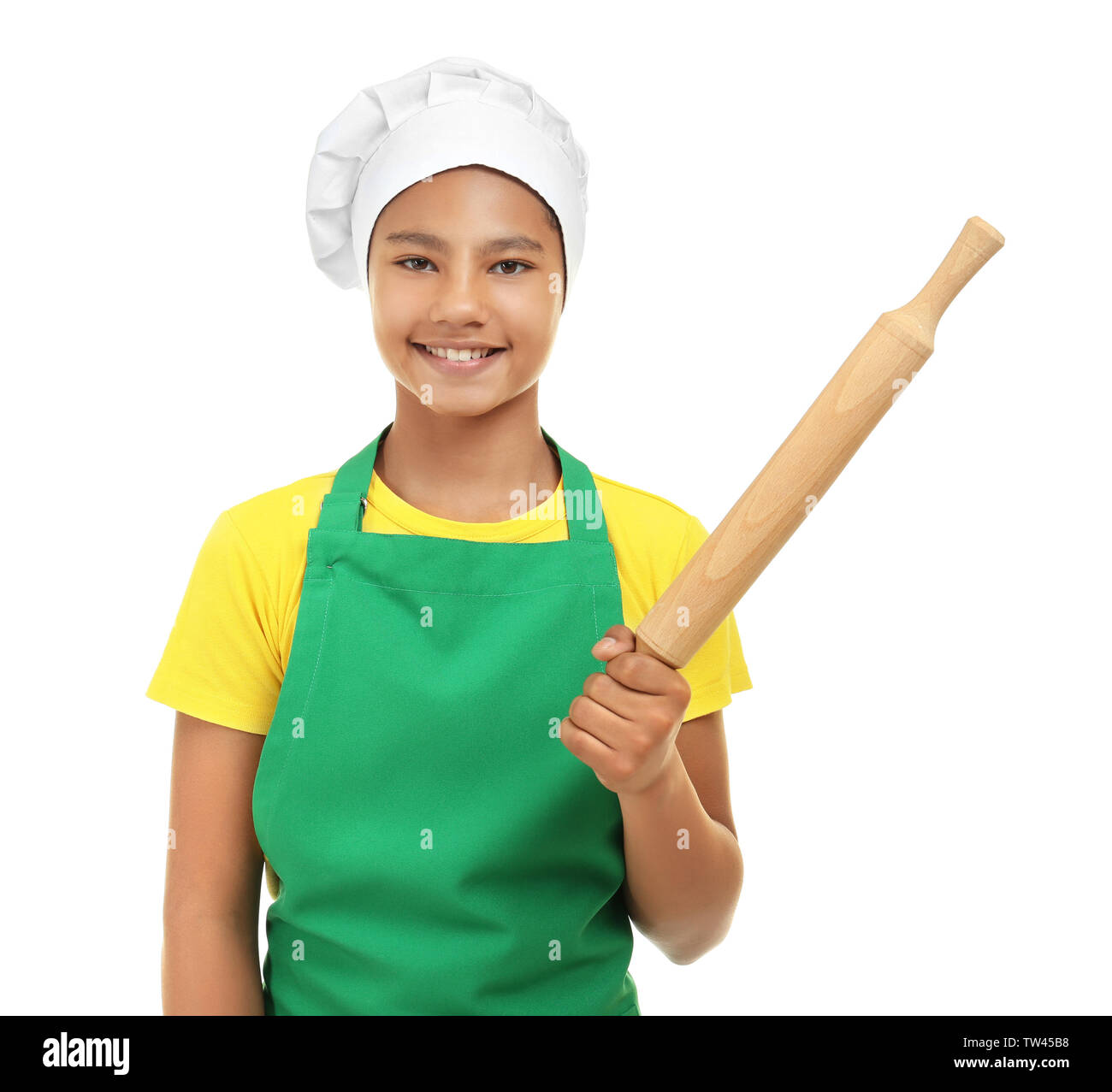 African American boy in chef uniform on white background. Concept of ...