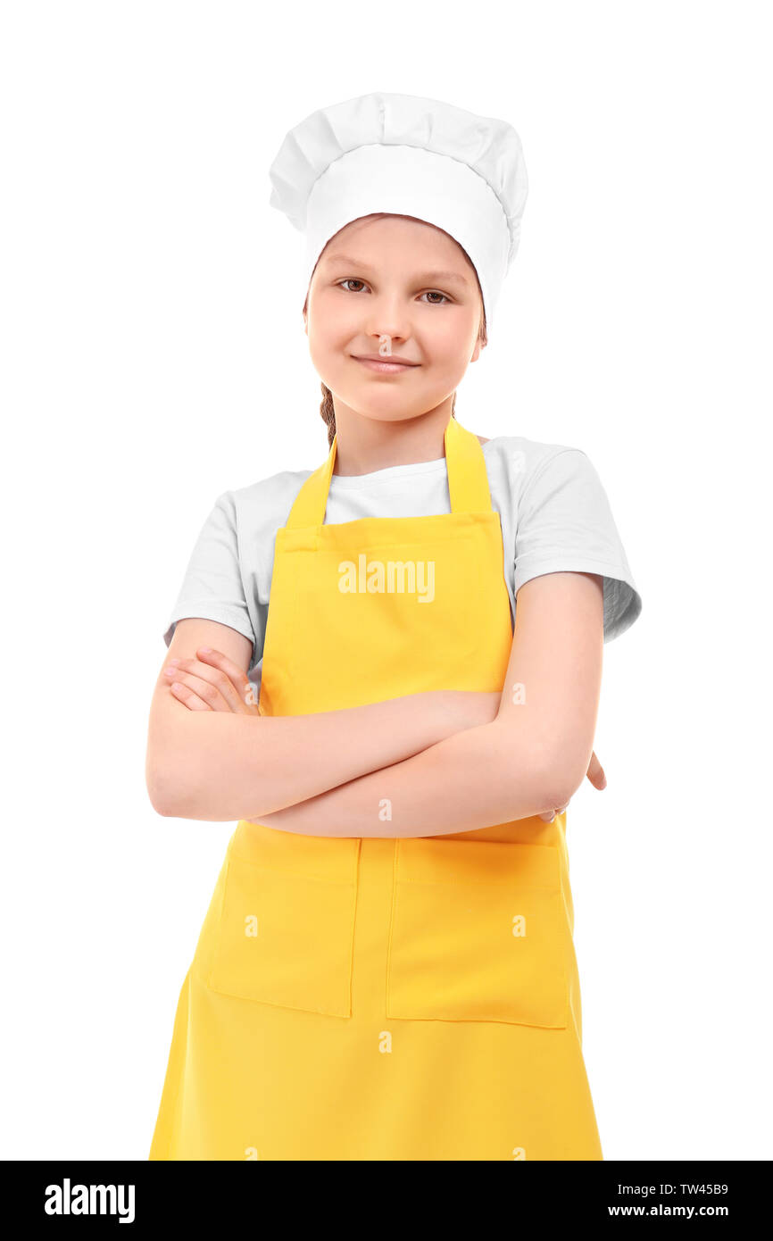 Cute girl in chef uniform on white background. Concept of cooking ...
