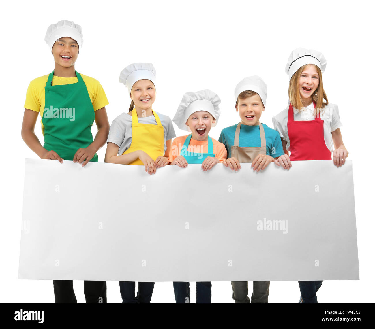 Group of children with blank poster on white background. Concept of ...