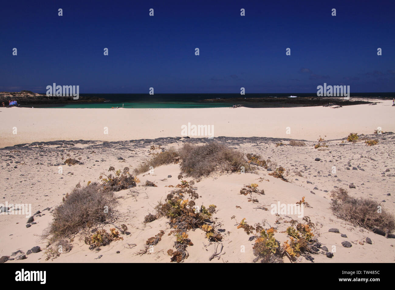 El Cotillo, North Fuerteventura: View over bright white sand beach on ...