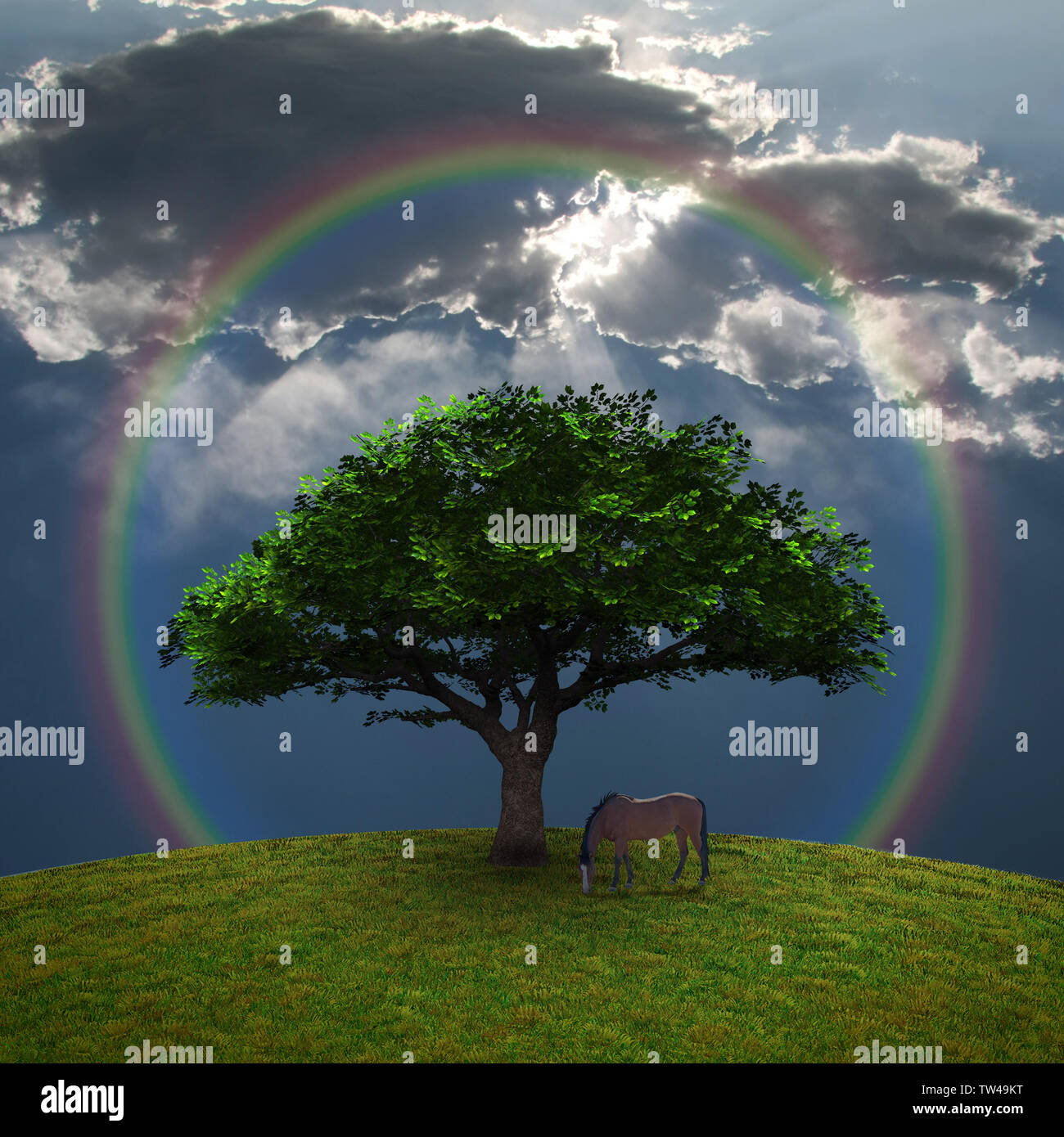 Horse near tree 3d hi-res stock photography and images - Alamy