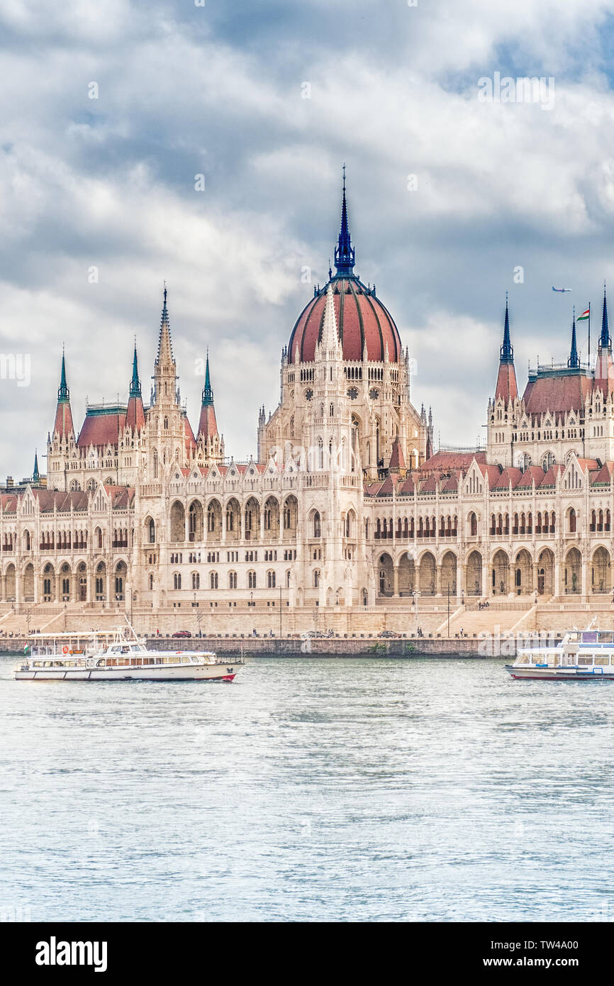 A landscape view of Budapest city, the Hungarian parliament building ...