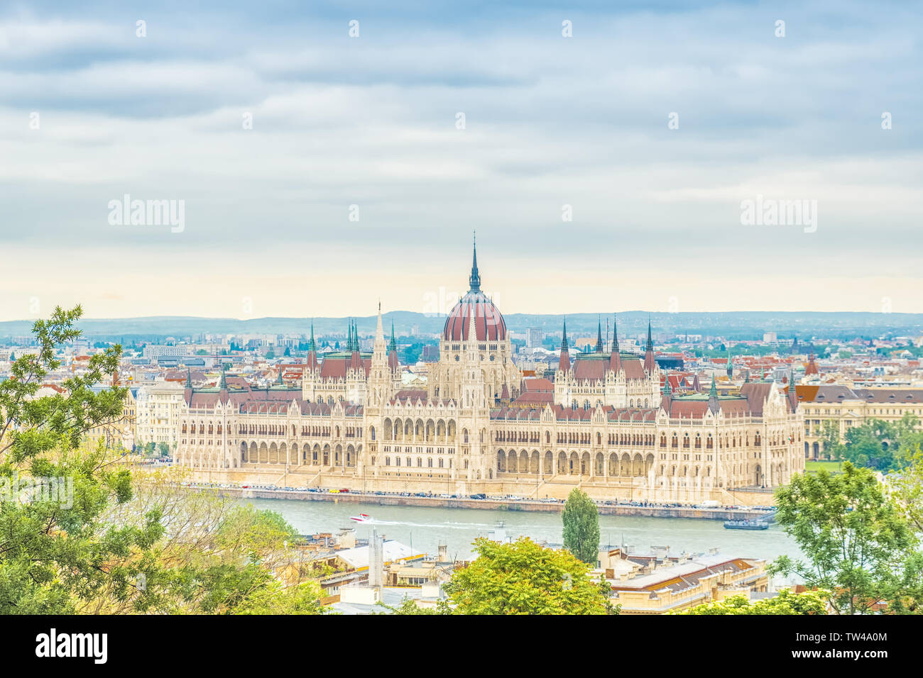 A landscape view of Budapest city, the Hungarian parliament building ...