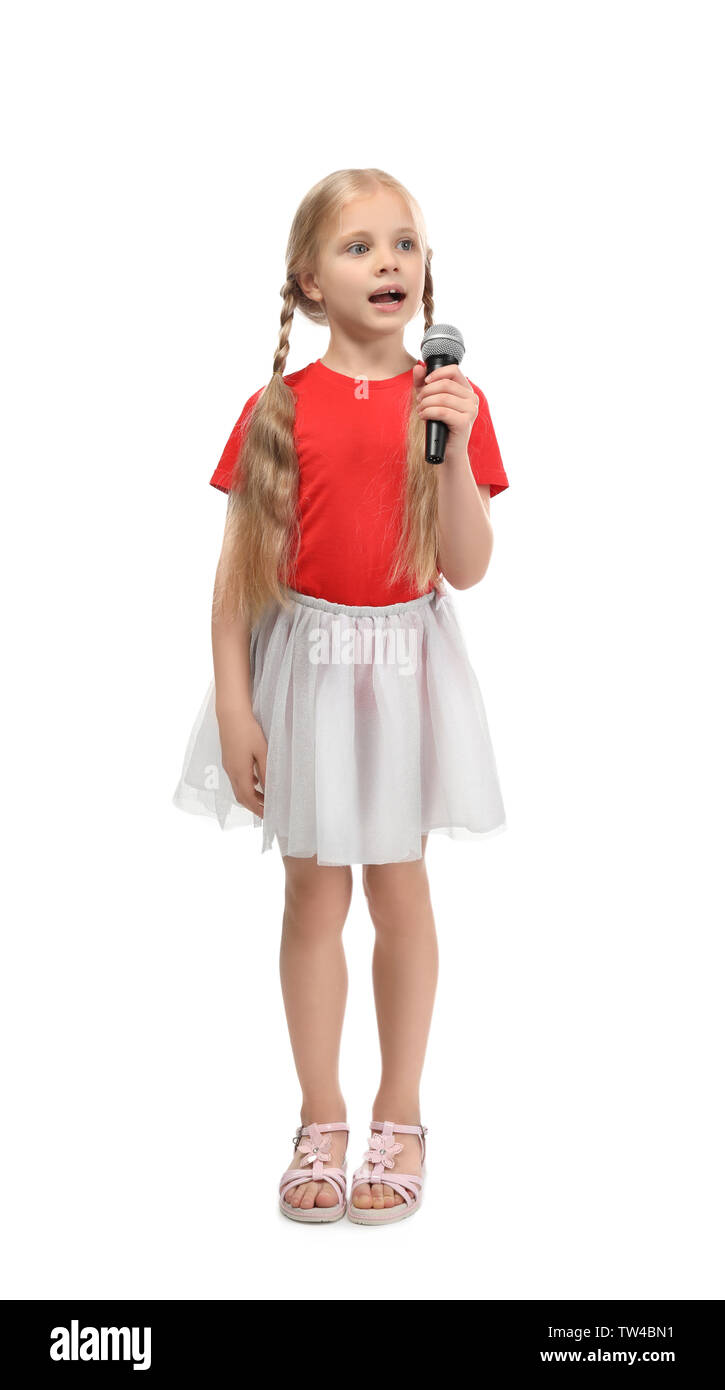 Cute funny girl with microphone on white background Stock Photo - Alamy