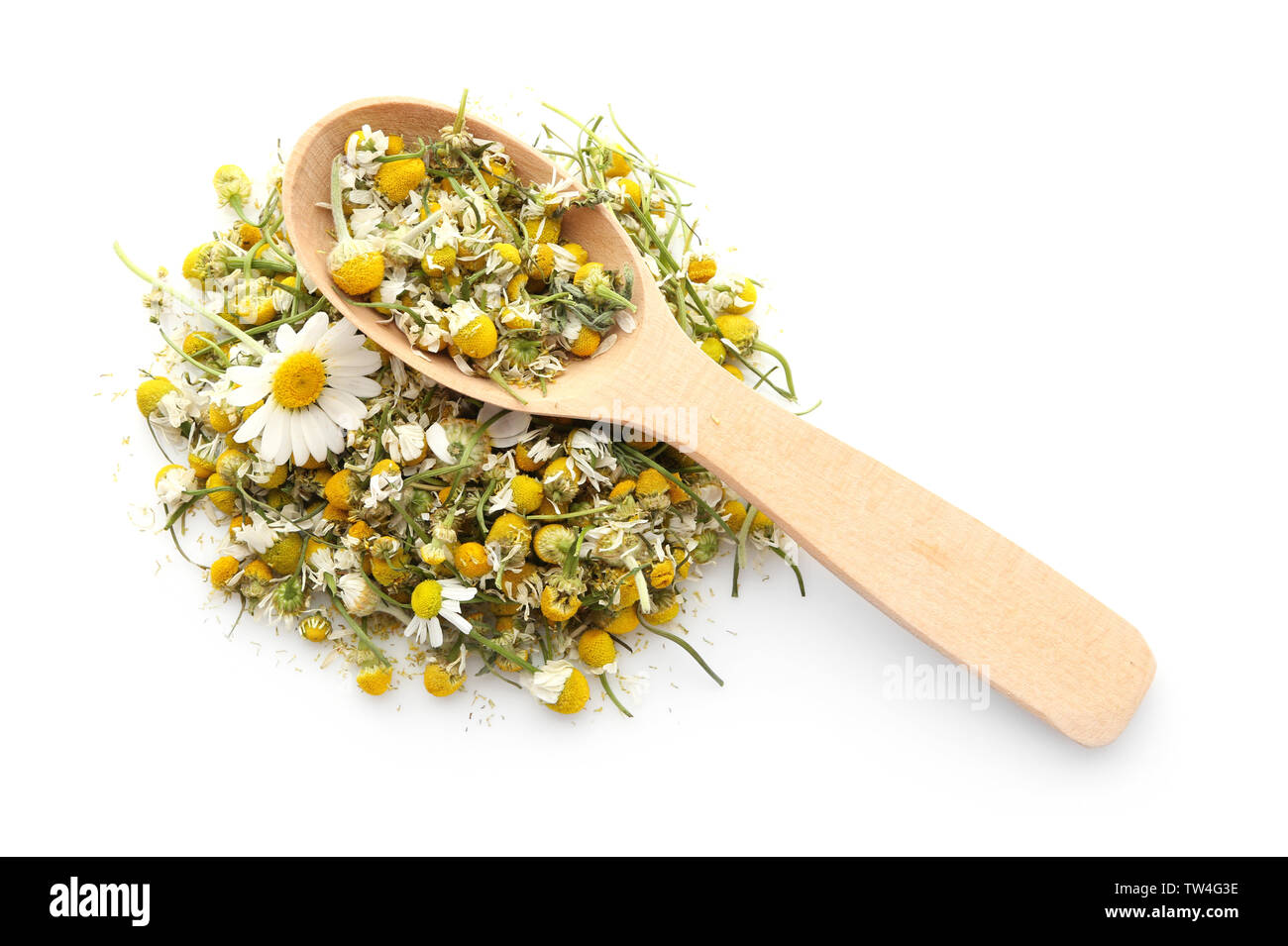 Dried chamomile flowers and wooden spoon on white background Stock ...