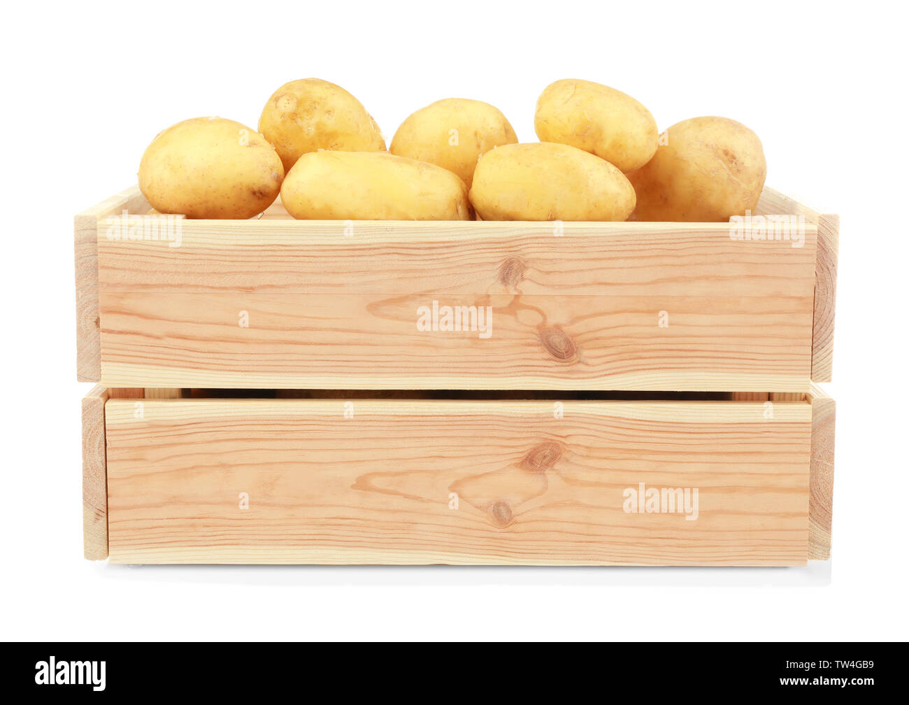 Wooden box with potatoes on white background Stock Photo - Alamy