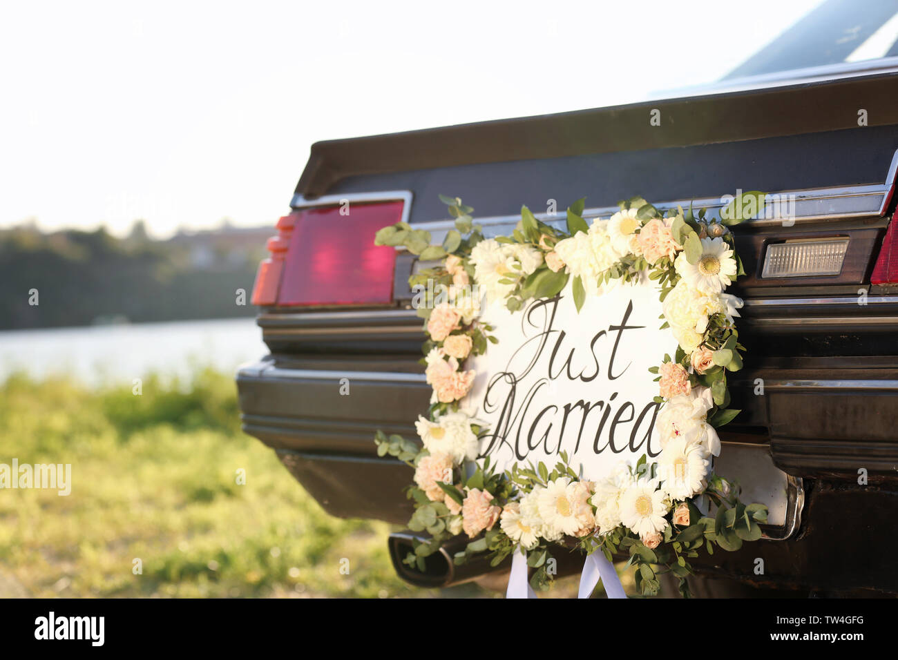 Beautiful wedding car with plate JUST MARRIED outdoors Stock Photo - Alamy