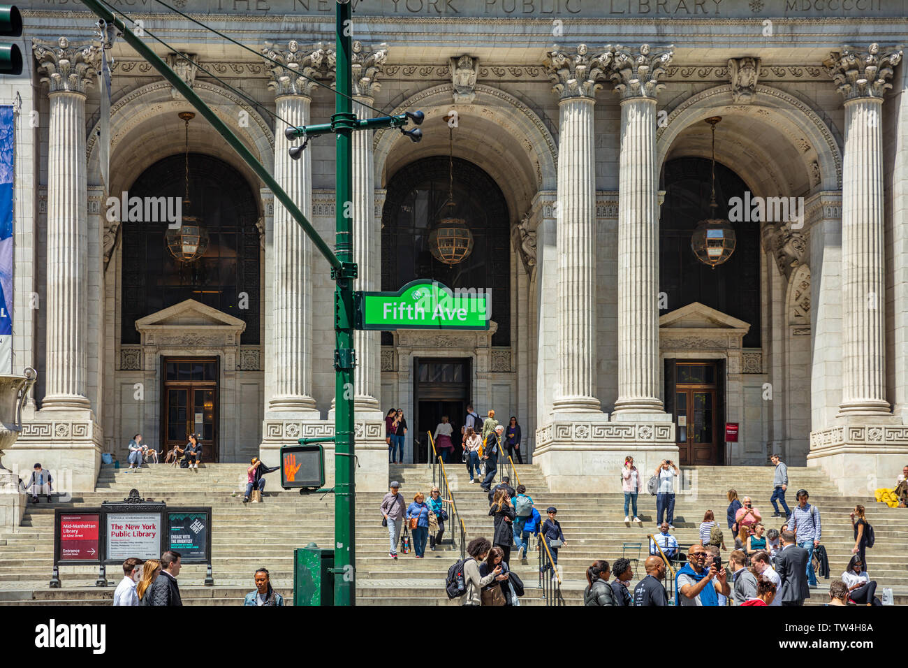 New York, USA. May 2, 2019. The New York Public Library entrance ...