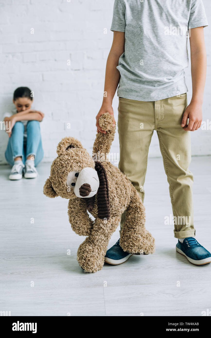 cropped view of preteen boy holding teddy bear while his sister crying ...