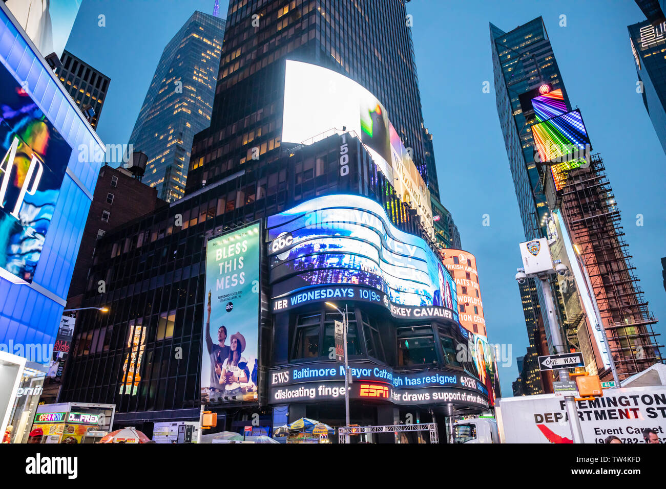 USA, New York, Manhattan. May 3, 2019. Downtown at night. Illuminated ...