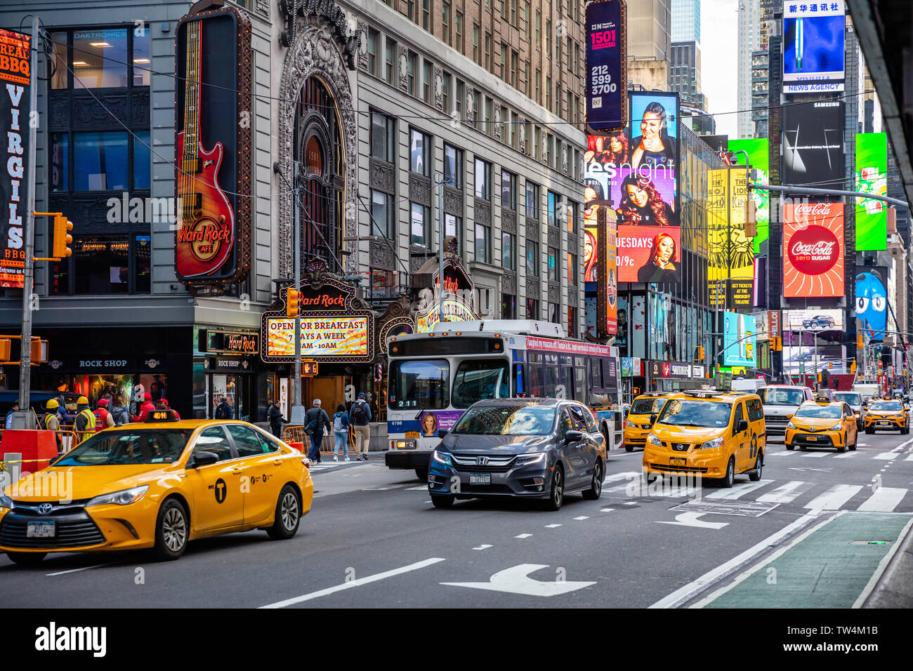 USA, New York, Times Square. May 3, 2019. High modern buildings ...