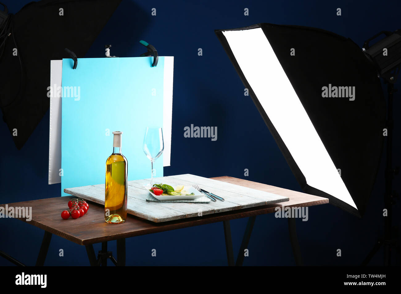 Photo studio with professional lighting equipment during shooting food ...