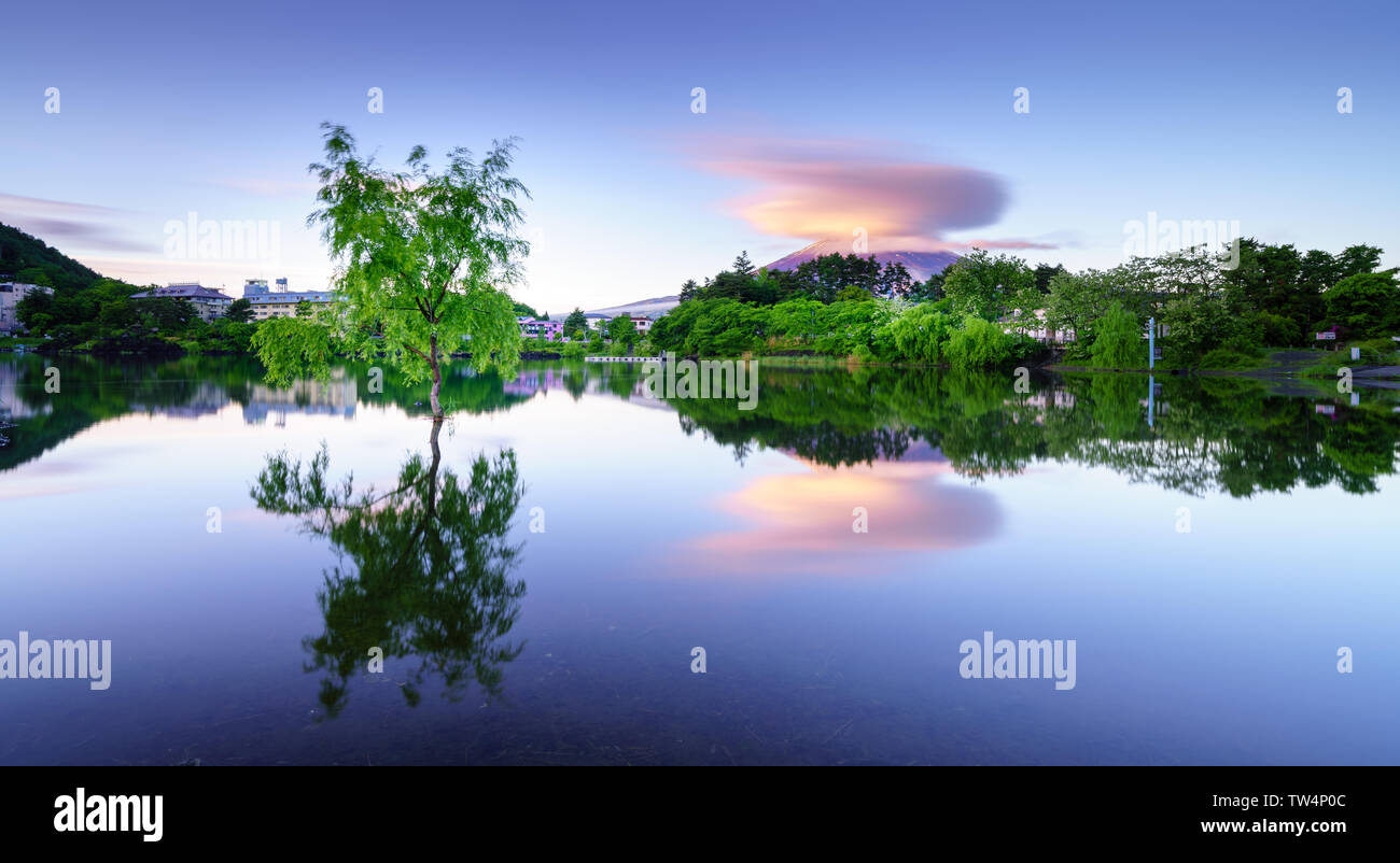 Sunrise scenery of Mount Fuji in estuary lake, Japan Stock Photo - Alamy