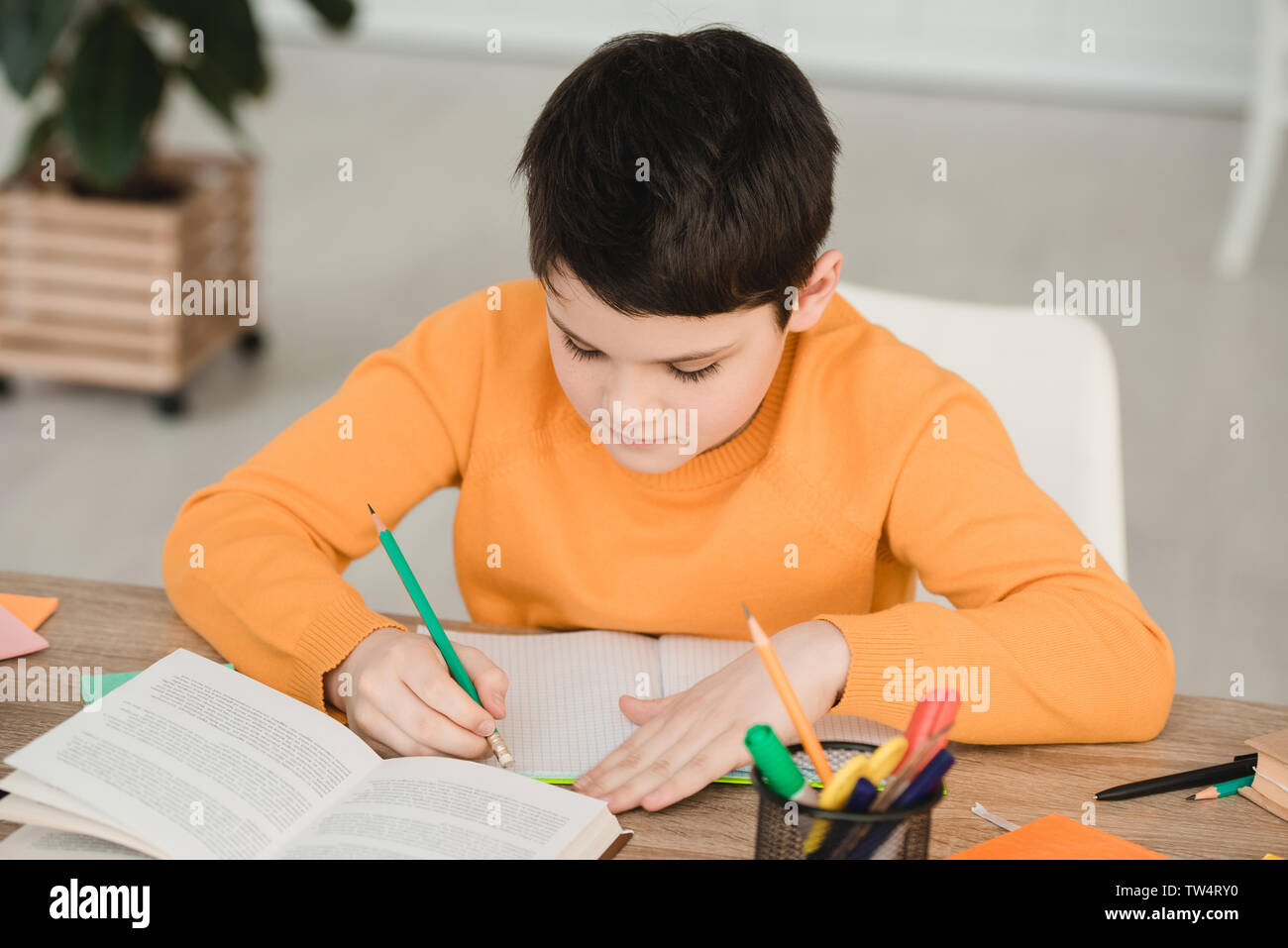 Adorable attentive boy writing hi-res stock photography and images - Alamy