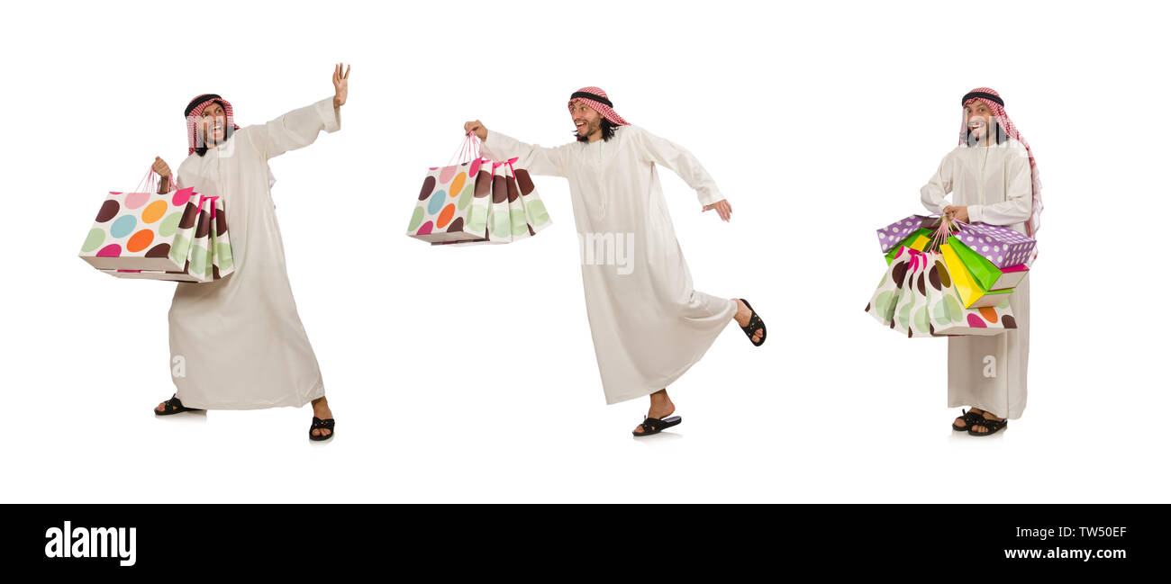 Arab man with shopping bags on white Stock Photo - Alamy