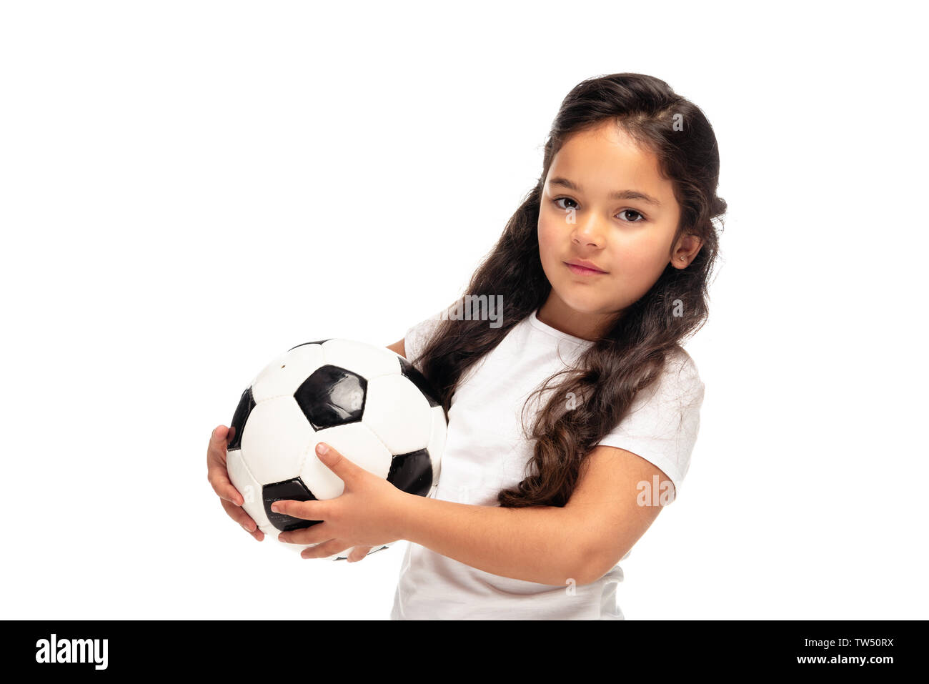 adorable child holding soccer ball isolated on white Stock Photo - Alamy