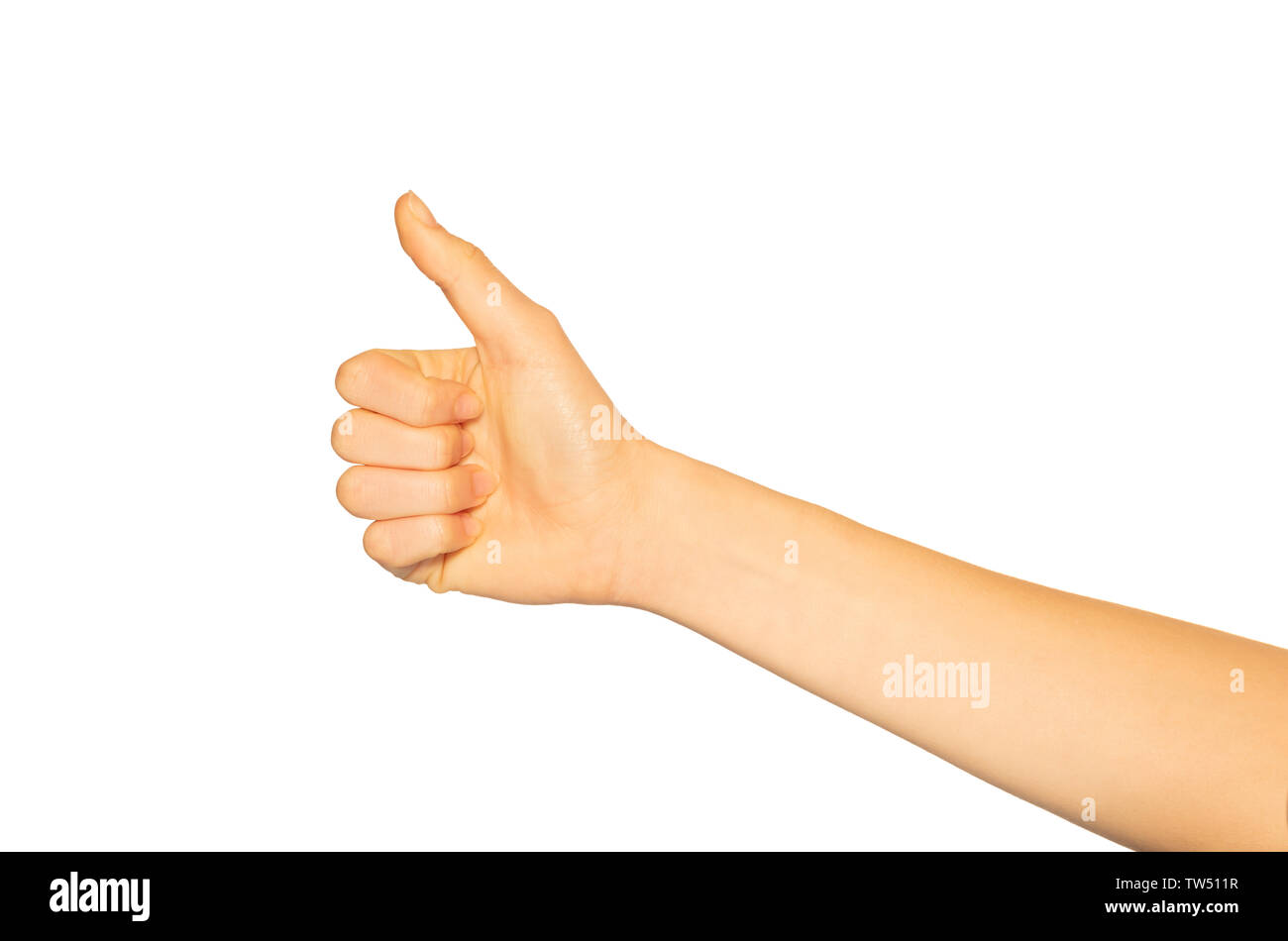 Woman's hand giving thumbs up gesture on white Stock Photo - Alamy