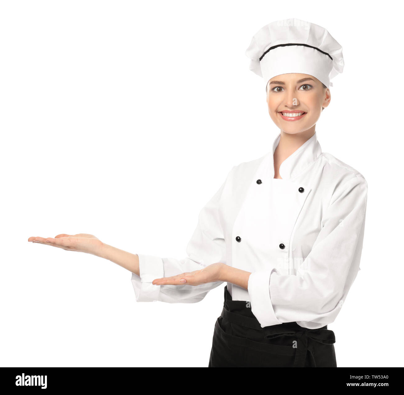 Young female chef on white background Stock Photo - Alamy