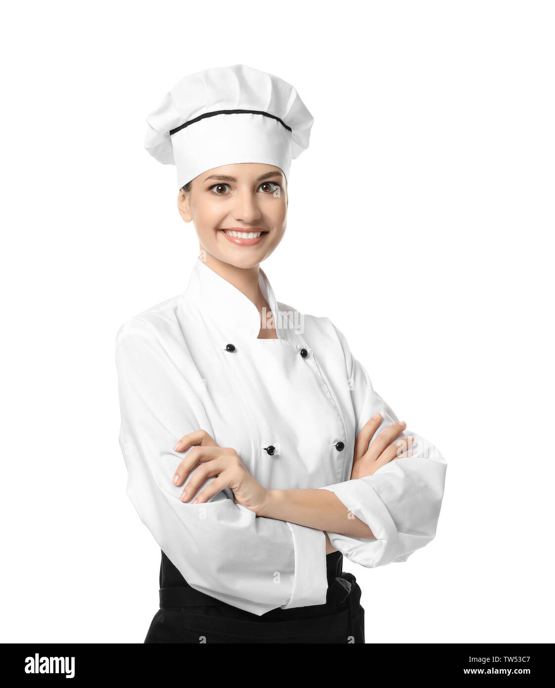 Young female chef on white background Stock Photo - Alamy