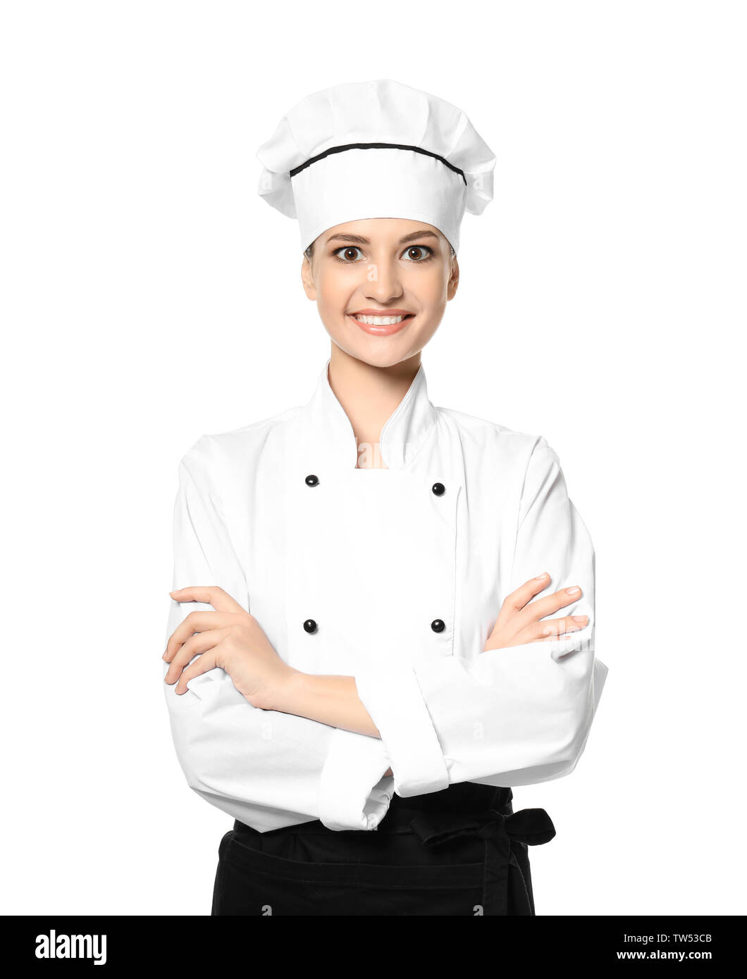 Young female chef on white background Stock Photo - Alamy