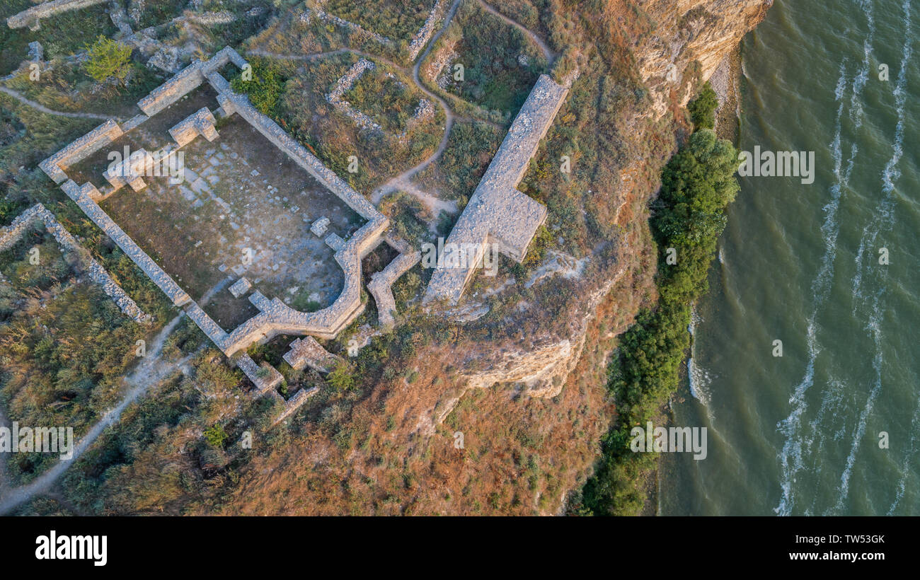 Roman ruins of Argamum (Organe) citadel. Dobrogea Romania. Aerial view ...