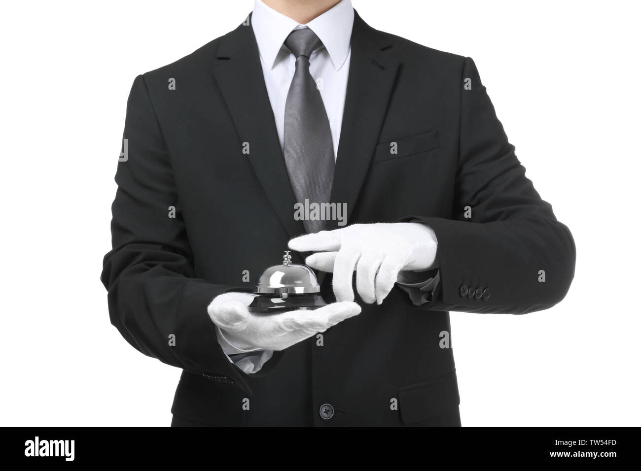 Man with bell on white background Stock Photo - Alamy