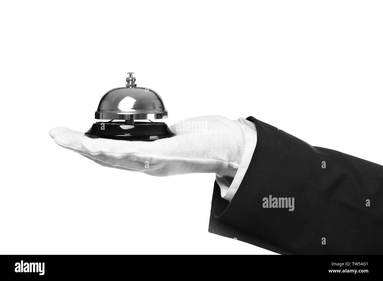 Man holding bell on white background Stock Photo - Alamy