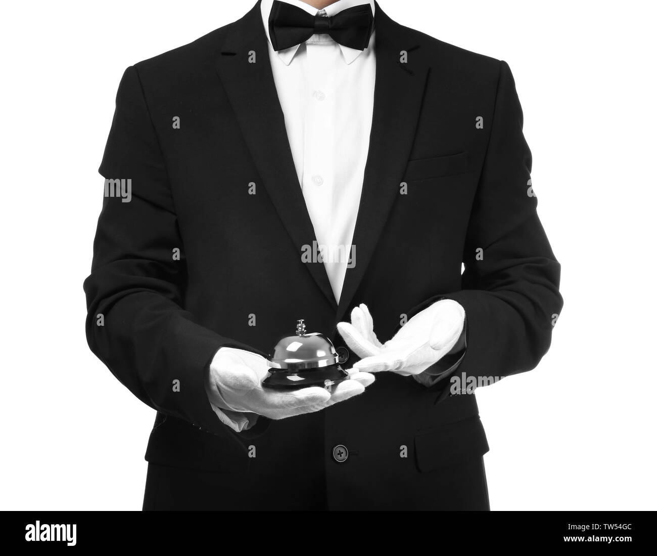 Man holding bell on white background Stock Photo - Alamy