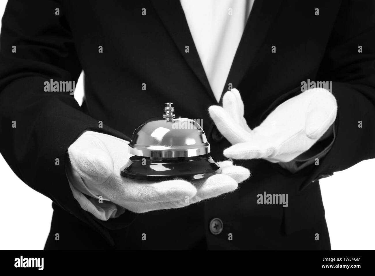 Man holding bell on white background, closeup Stock Photo - Alamy